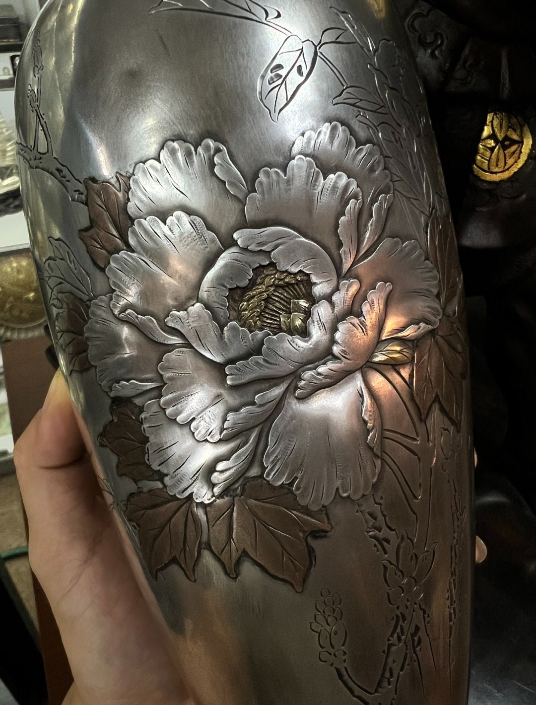 Antique Japanese Inlaid Peony Vase Sterling Silver, Gold and Copper ...