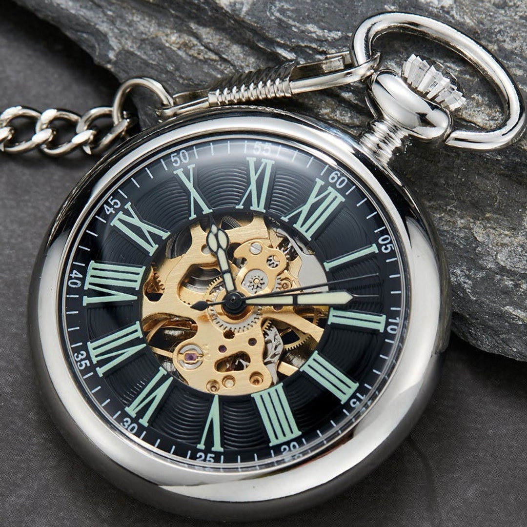 Pocket Watch Chain Box Open Face Skeleton Vintage Mechanical Pocket ...