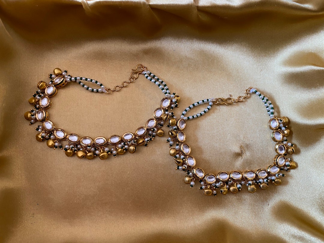Polki Stone Anklets With Mini Bells - Etsy