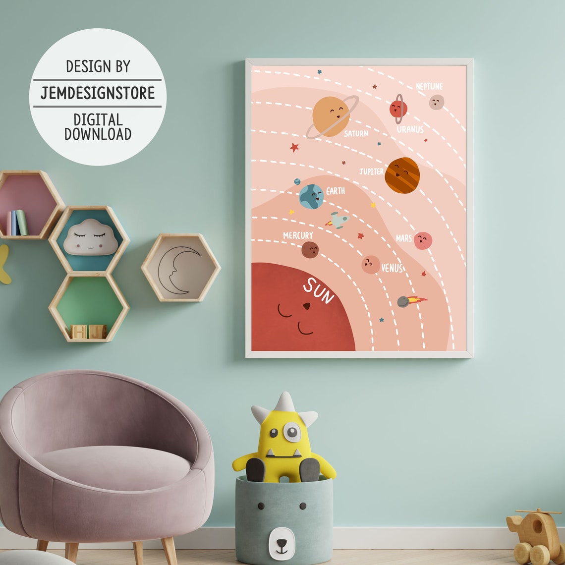 Solar System Poster Space Girl Bedroom Decor, Boy Kids Room Wall Art ...