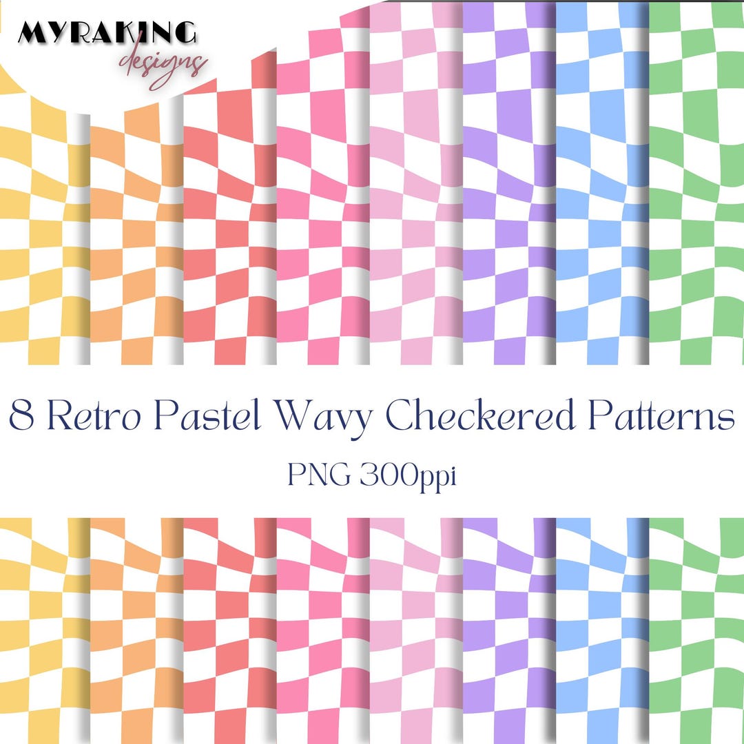 Retro Wavy Checkered Pastel PNG Bundle, Checkerboard Printable ...