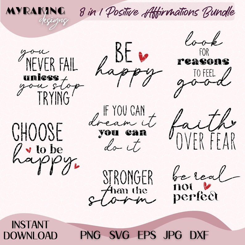 Positive Affirmations Bundle SVG PNG, Motivational SVG Bundle, Positive ...