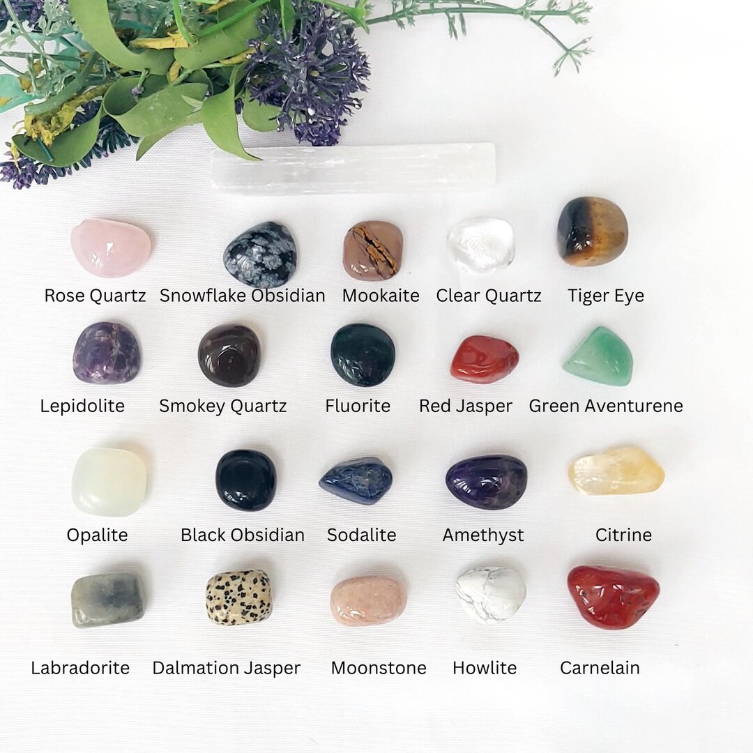 21-piece Tumbled Crystal Kit With Selenite, Rose Quartz, Black Obsidian ...