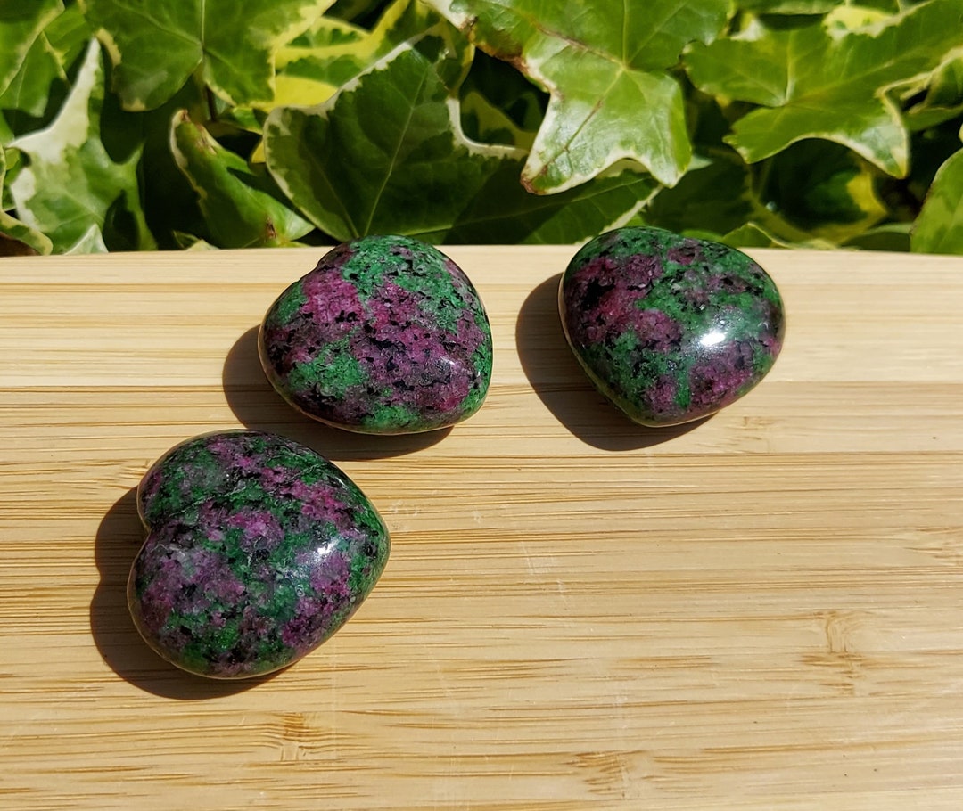 Ruby Zoisite Heart Crystal 30mm, Ruby Zoisite Carved Pocket Stone, Puffed Stone Crystal Crystal ...