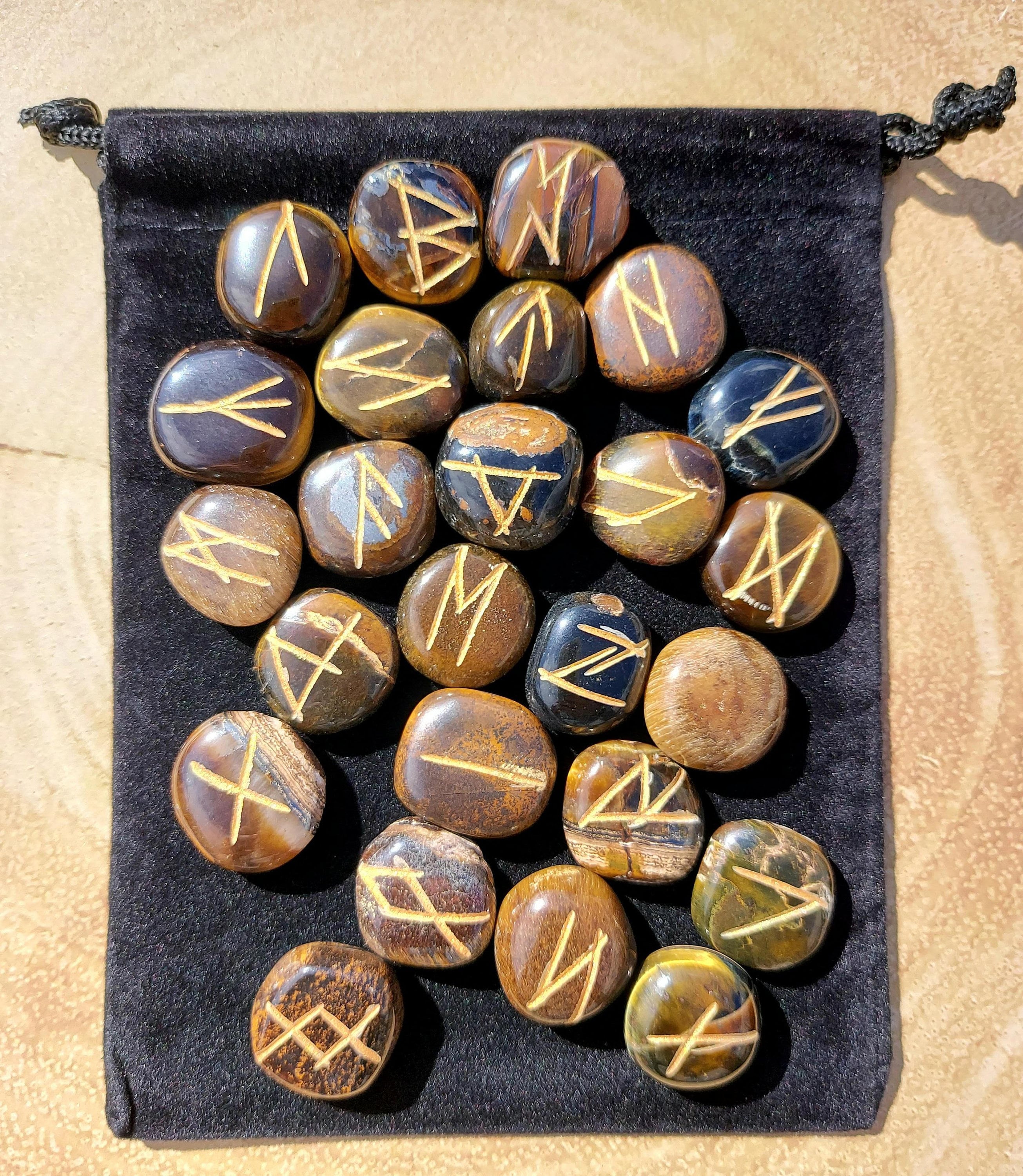 Tigers Eye Gold Rune Stone Set and Velvet Storage Pouch Elder | Etsy