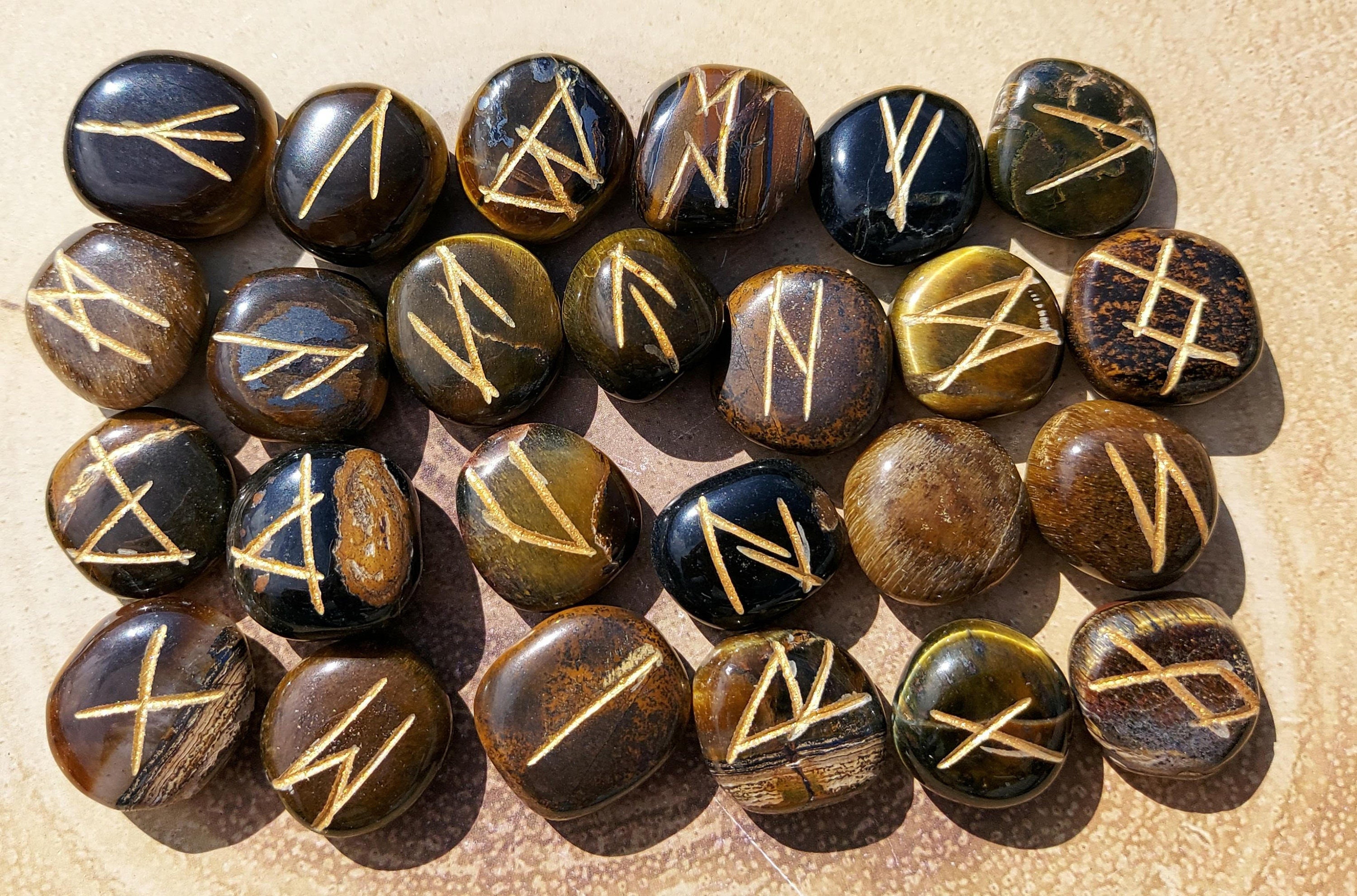 Tigers Eye Gold Rune Stone Set and Velvet Storage Pouch Elder | Etsy