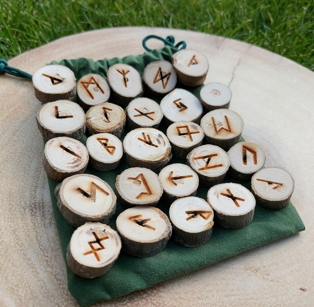 Wooden Rune Set and Storage Pouch, Elder Futhark, Wood Runestones. UK ...