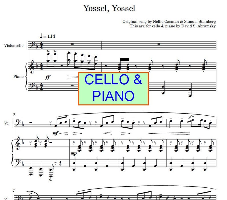 Yossel, Yossel (arr. for Cello & Piano by David S. Abramsky) - Etsy