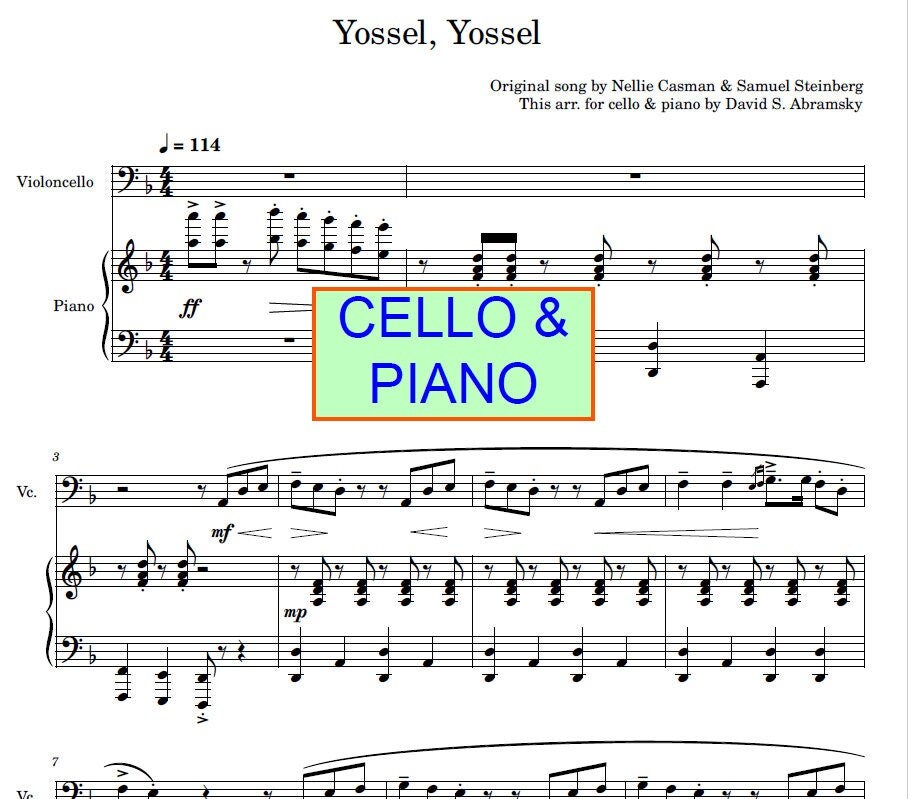 Yossel, Yossel (arr. for Cello & Piano by David S. Abramsky) - Etsy