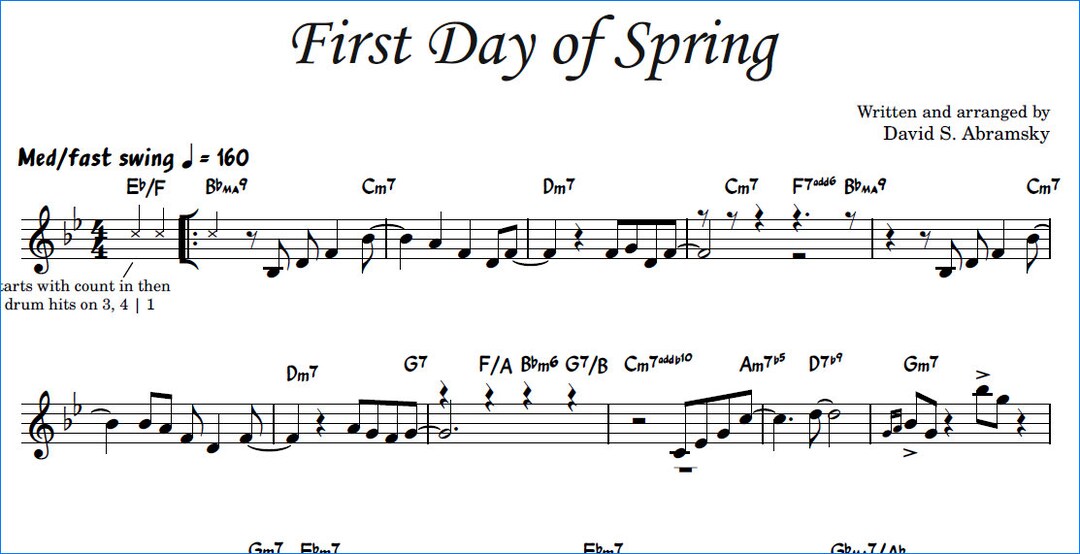 First Day of Spring - Chart for Original, Upbeat Jazz Piece Written by ...