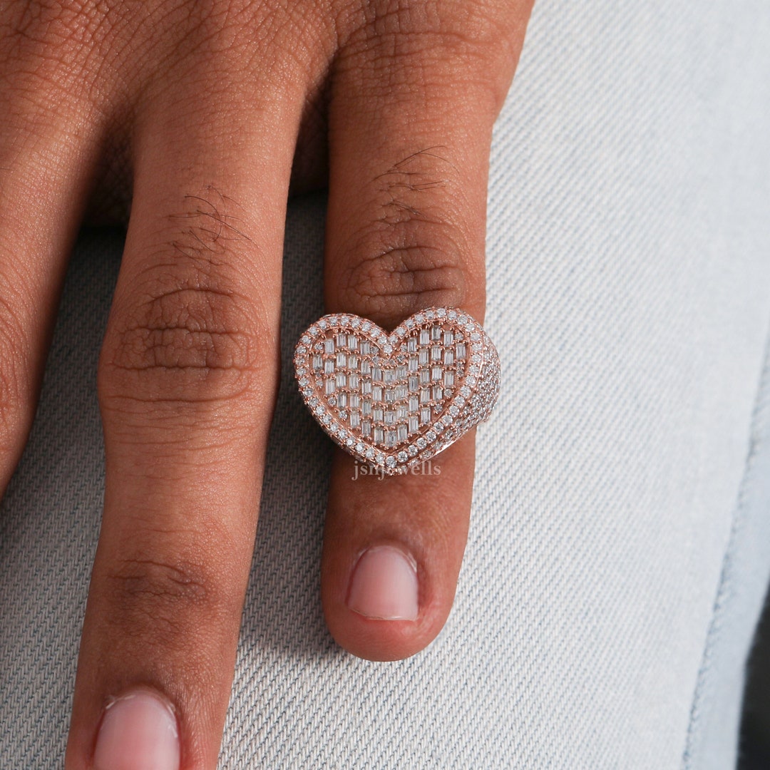 Round & Baguette Cut Diamond Iced Out Hip Hop Ring Custom Heart Shape ...