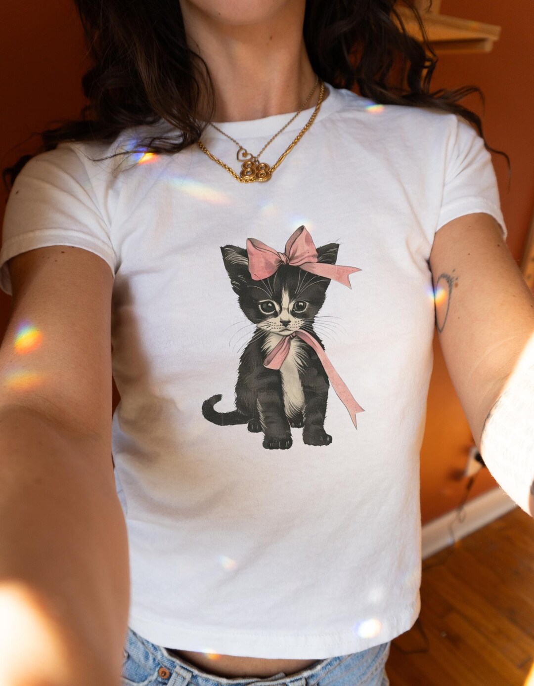 Kitten With Pink Bow Baby Tee, Womens Fitted Tshirt, Graphic Tee, Retro ...