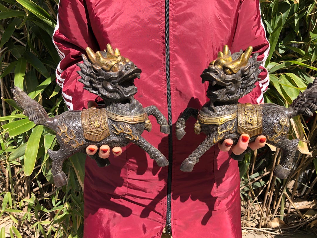 Pair Ancient China Copper Fengshui Animal Pixiu Beast Wealth Bixie ...