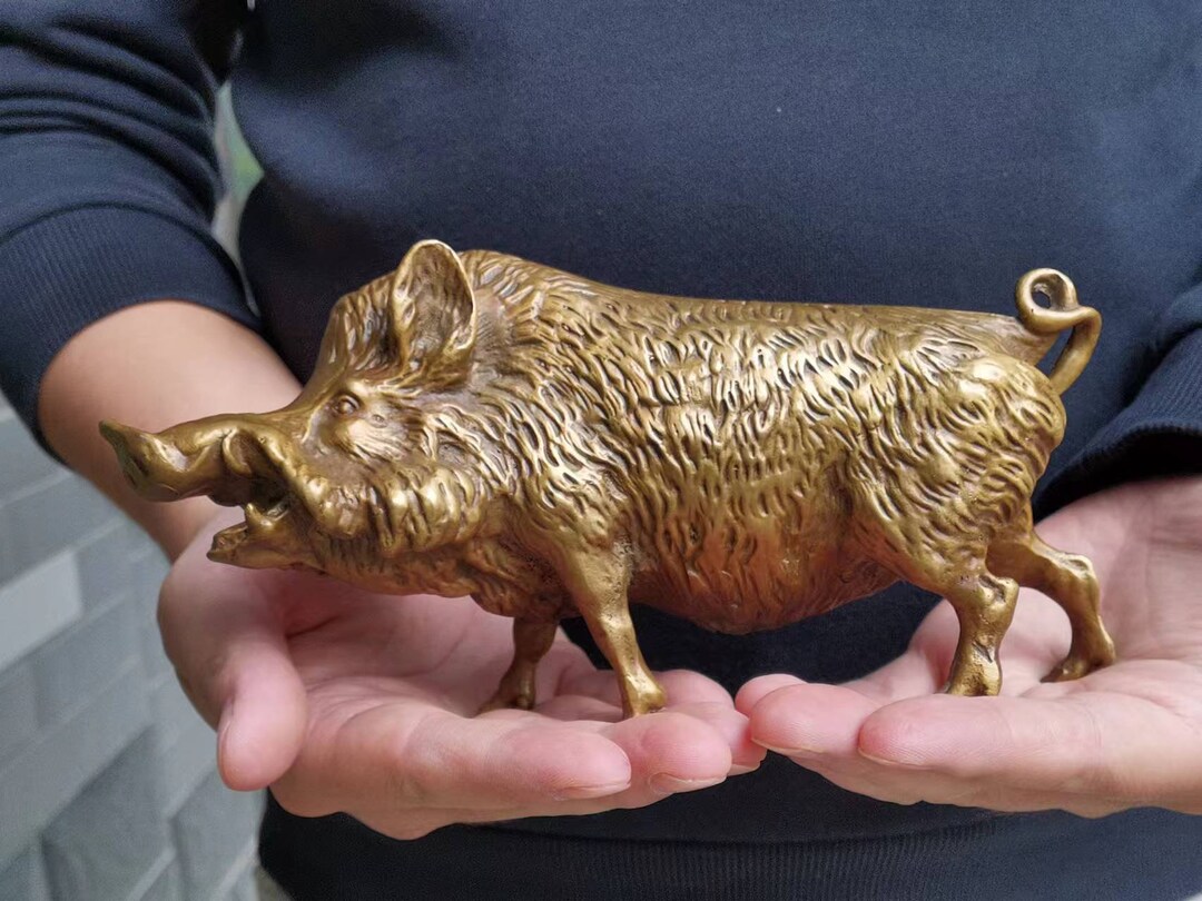 Vintage Antique Brass Bronze Wild Boar Pig Statue Home Ornaments Copper ...