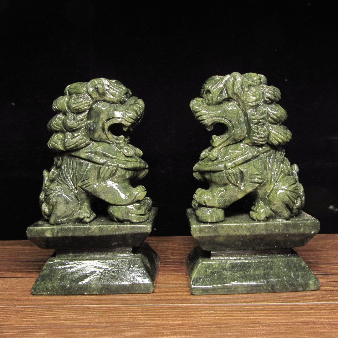M1043 Pair of Green Jade Palace Foo Dog Lion Statue, Crystal Healing ...