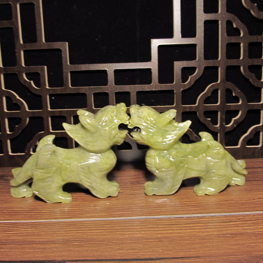 M3151 Matched Pair Natural Green Jade Pixiu Foo Dog Statues Exquisite ...