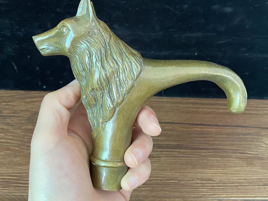 Vintage Brass Wolf Dog Head Statue Head Handle Walking Stick Cane Only ...