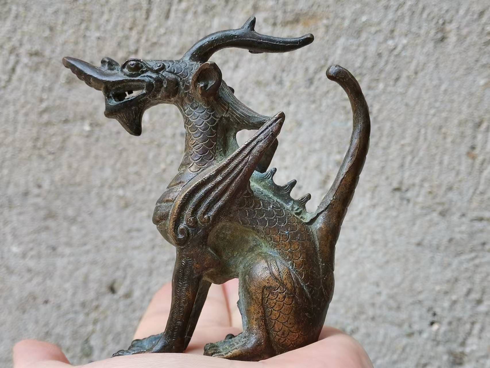 Brass Ancient Beast Flying Dragon Mini Statue, Fengshui Home Decor ...