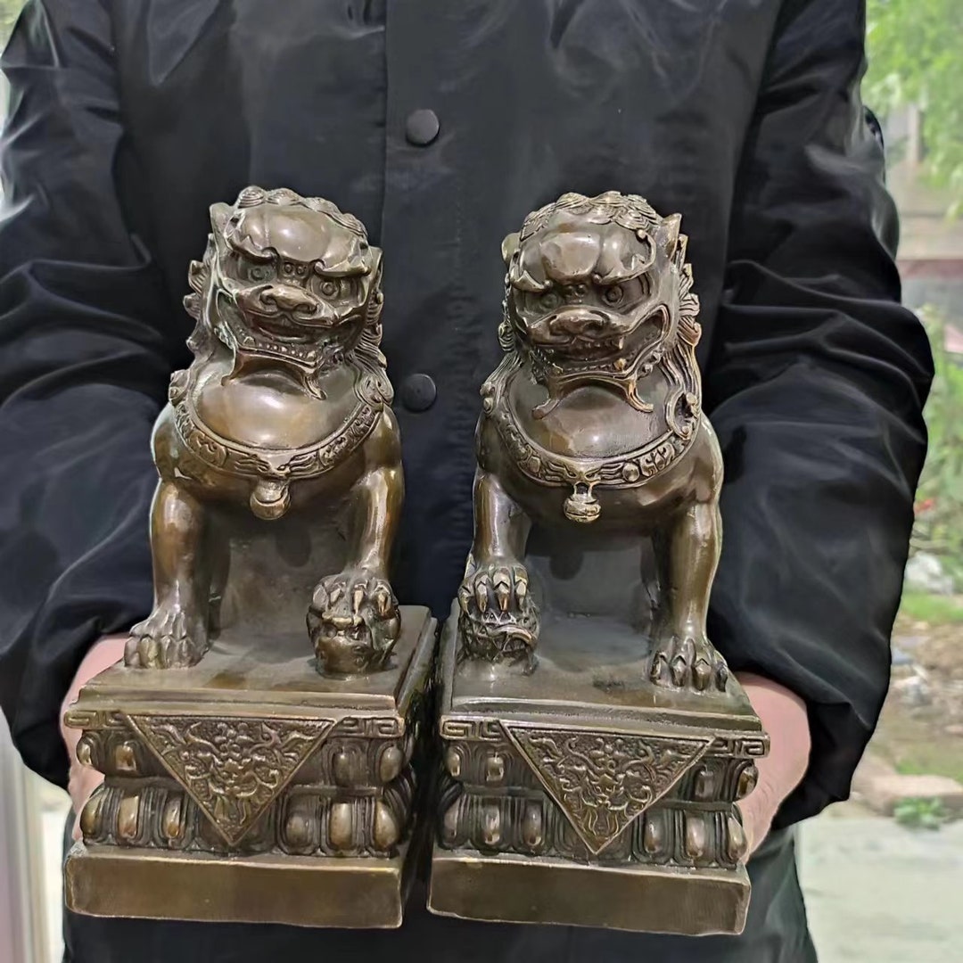 Pair Huge Antique Copper Bronze Temple Foo Dog Lion Statues, Brass ...
