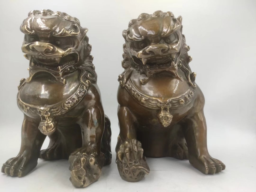 Asian Copper Pair of Fu Foodog Lion Statue Pair Signed, Old Antiques ...