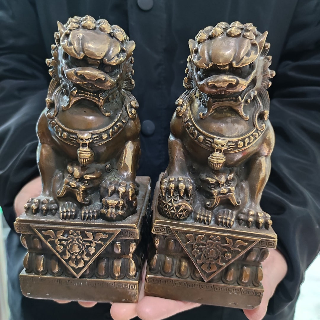 M5853 Pair Asian Copper Evil Fu Foo Dog Lion Statue Signed, Old Antique ...
