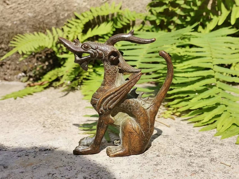 Brass Ancient Beast Flying Dragon Mini Statue, Fengshui Home Decor ...