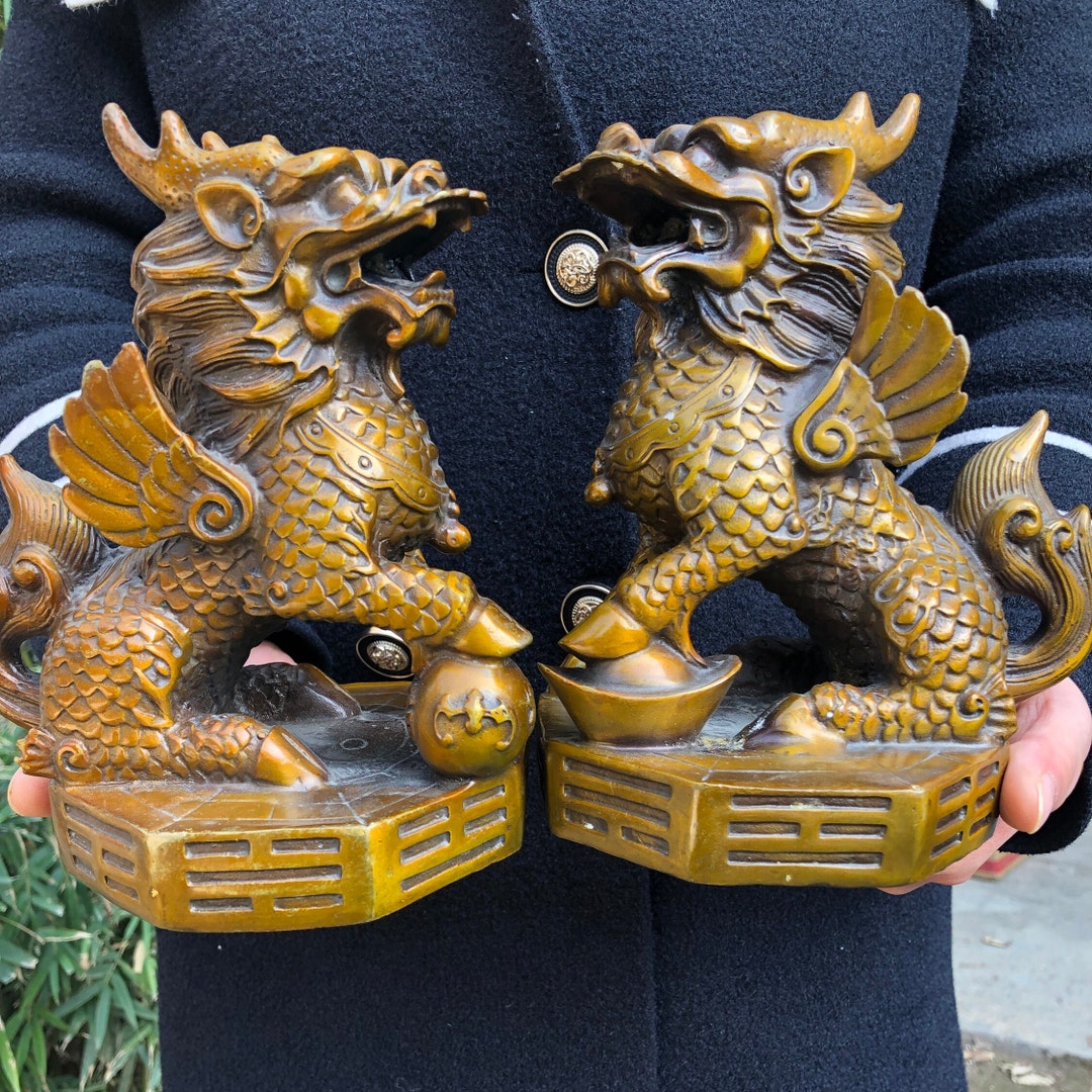 Pair of Copper Flying Winged Qilin Dragon Sculpture With Bagua Base ...