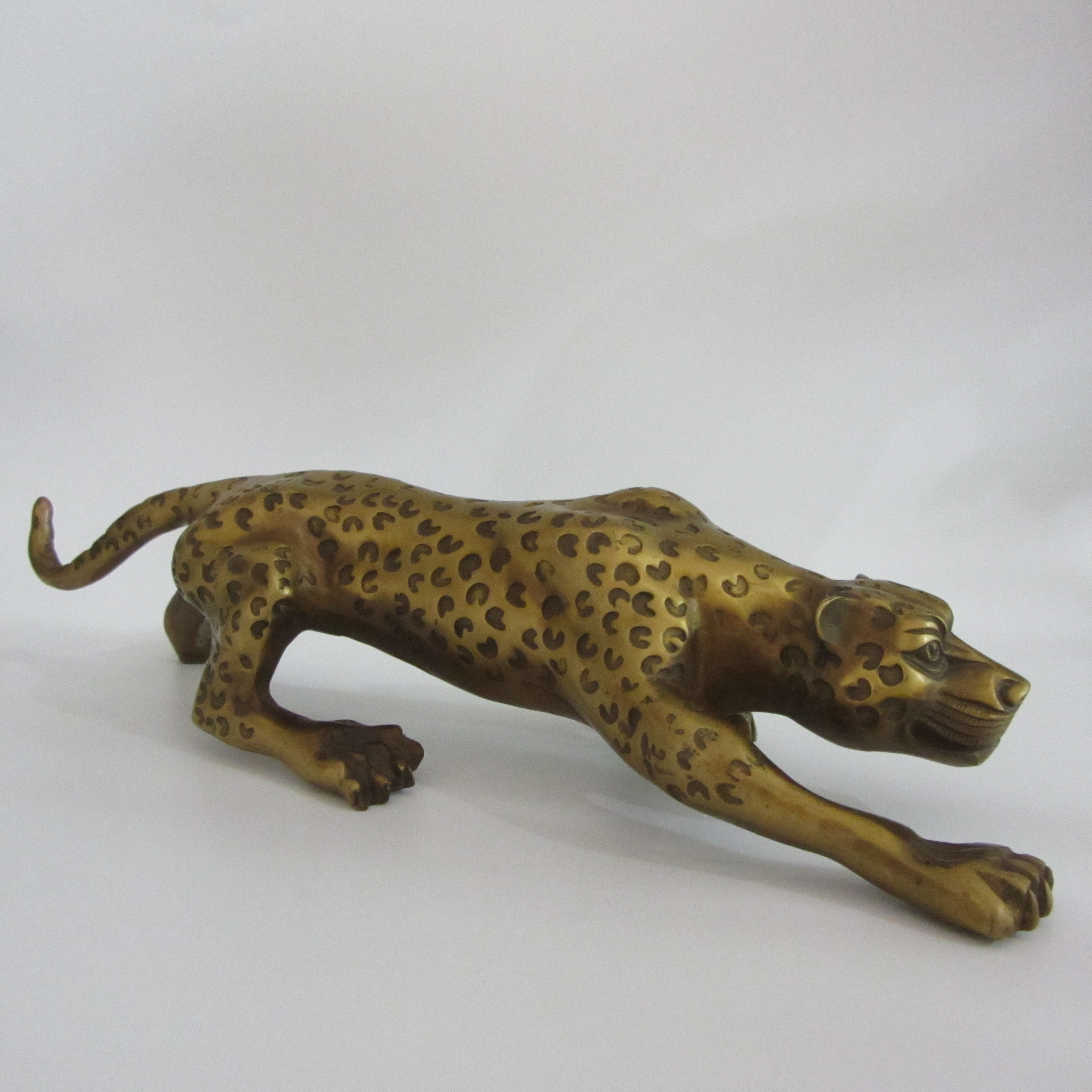 14in, Huge Bronze Ferocious Leopard Figurine, Brass Cast Cheetah Animal ...