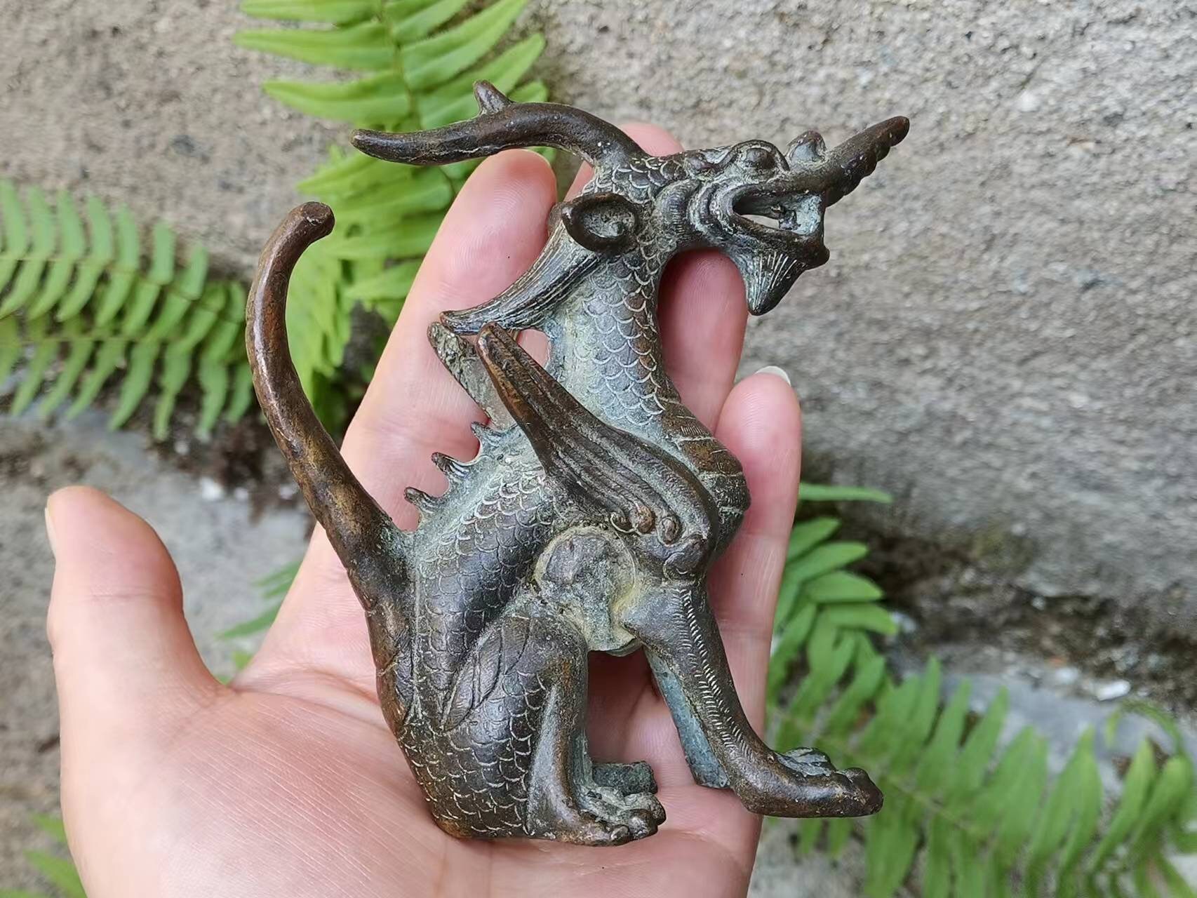 Brass Ancient Beast Flying Dragon Mini Statue, Fengshui Home Decor ...