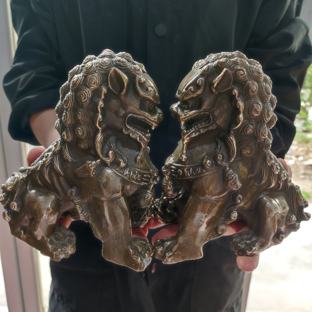 M8681 Copper Evil Fu Foo Dog Lion Statue Pair Signed, Old Antiques ...