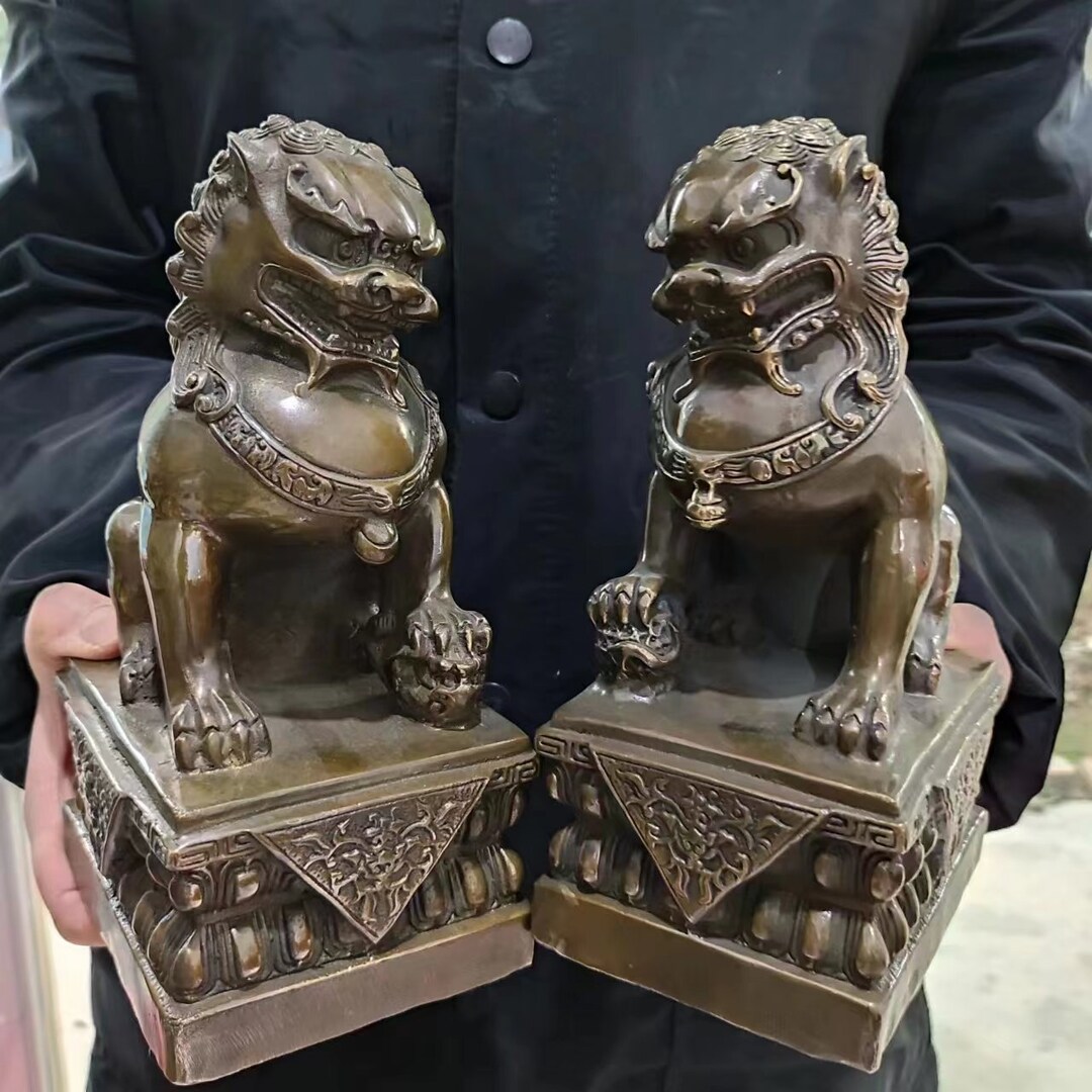 M839 Pair of Huge Antique Vintage Copper Temple Foo Dog Lion Statues ...