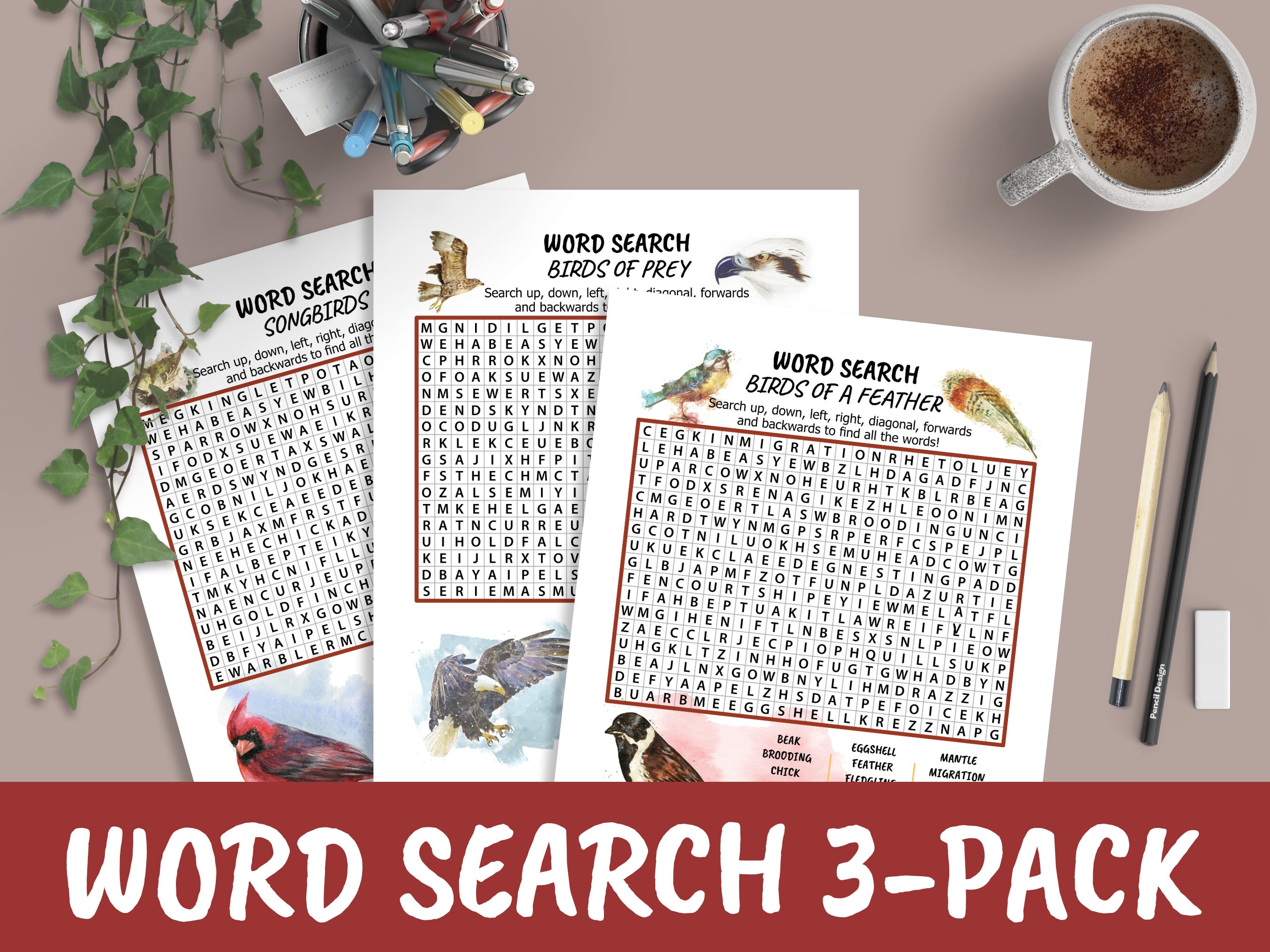 Bird Themed 3 Pack Printable Word Search Large Print Puzzlefor Seniors ...