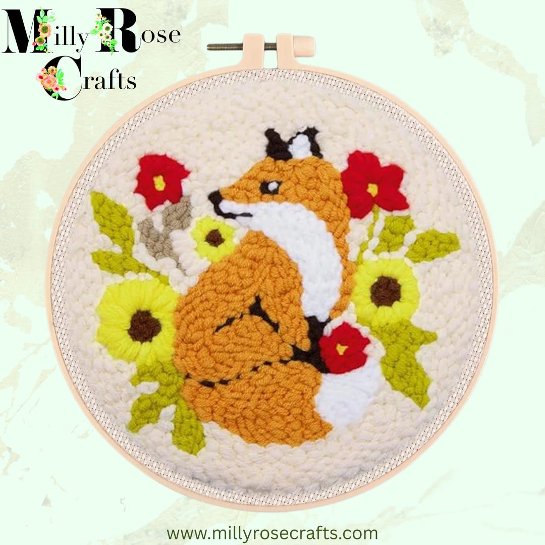 Cute Fox Punch Needle Kit Fox in Flowers Punch Needle Easy Beginner ...