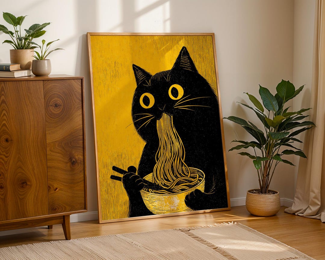 Black Cat Eating Ramen Poster, Funny Kitchen Wall Art, Japanese Noodle ...