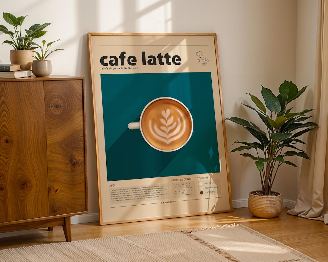 Cafe Latte Poster, Retro Coffee Print, Large Kitchen Wall Art ...