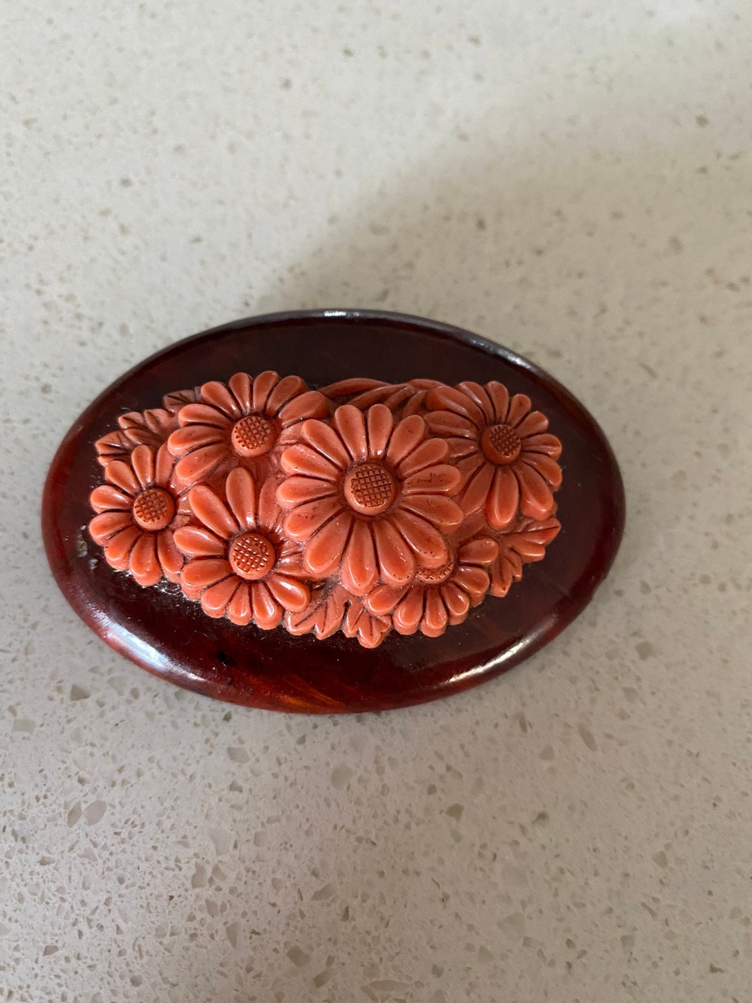 Vintage Beautiful Flower Celluloid Salmon Colored Brooch on a Wood ...