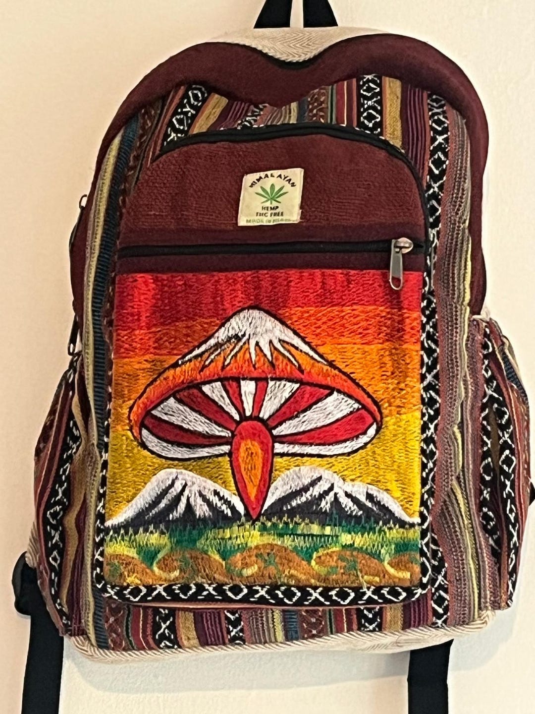 Himalayan Hemp Backpack – Embroidered Mushroom & Mountain Design | Boho ...
