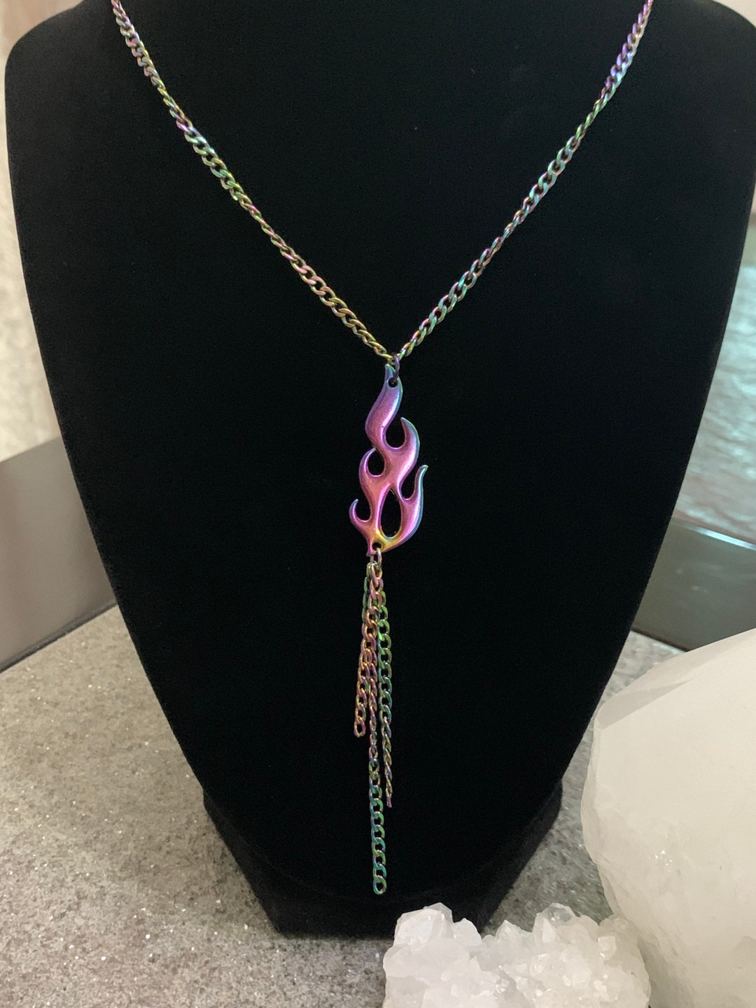 Rainbow Violet Flame Charm Necklace, Long Tassel Necklace, Rainbow ...