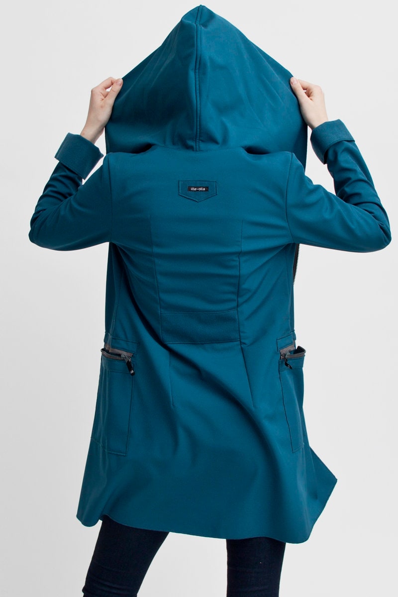 Asymmetrical Long Jacket, Spring Coat With Hood, Blue Softshell ...