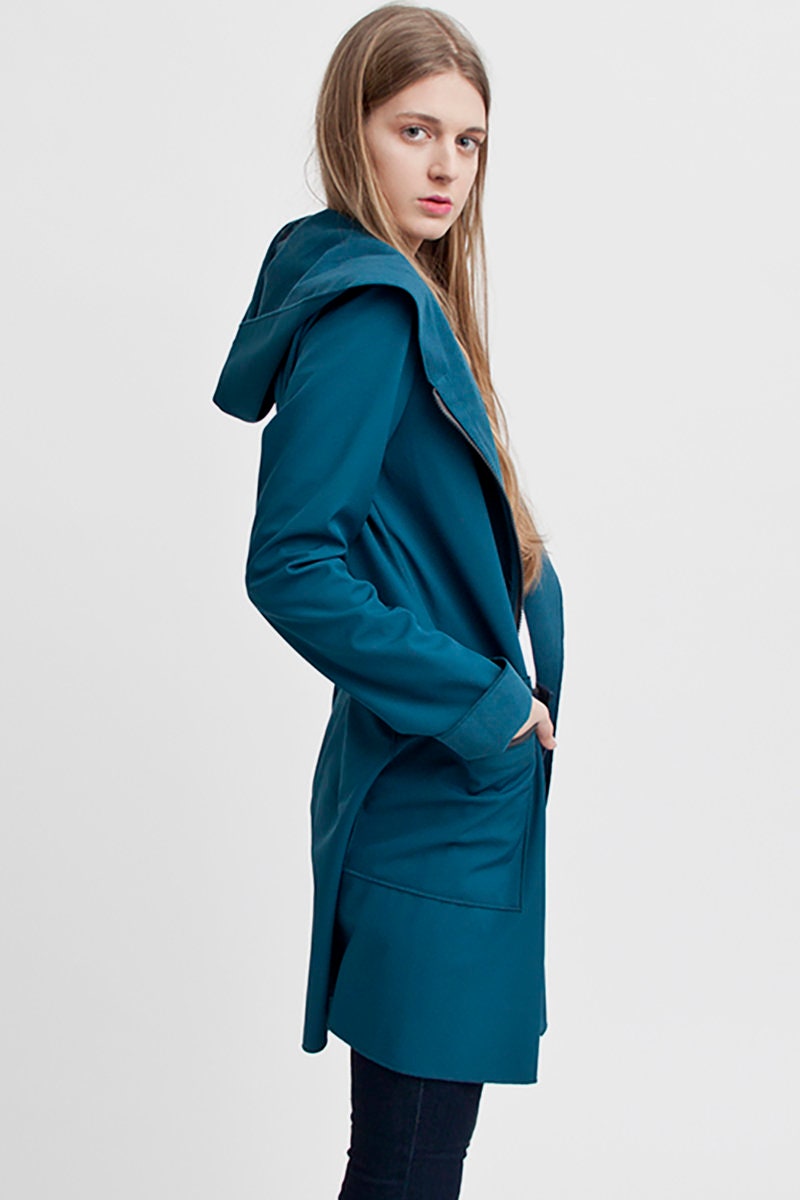 Asymmetrical Long Jacket, Spring Coat With Hood, Blue Softshell ...