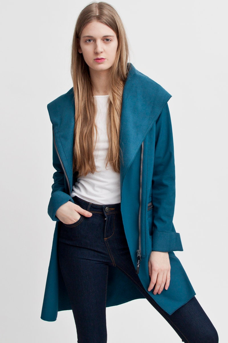 Asymmetrical Hooded Softshell Coat, Blue Petrol Raincoat, Plus Size ...