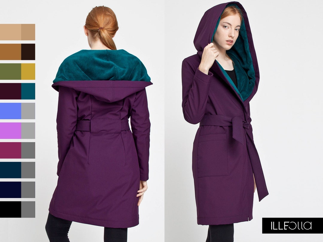 Hooded Women Softshell Coat, Purple Winter Coat, Asymmetrical Coat ...