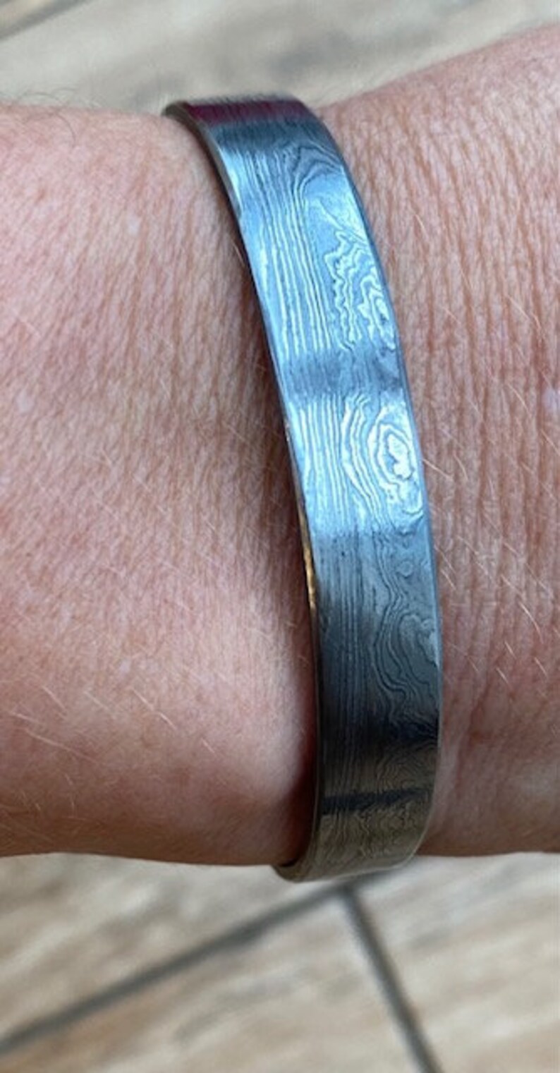 Hand forged Damascus bangle steel 8mm wide hand polished and | Etsy