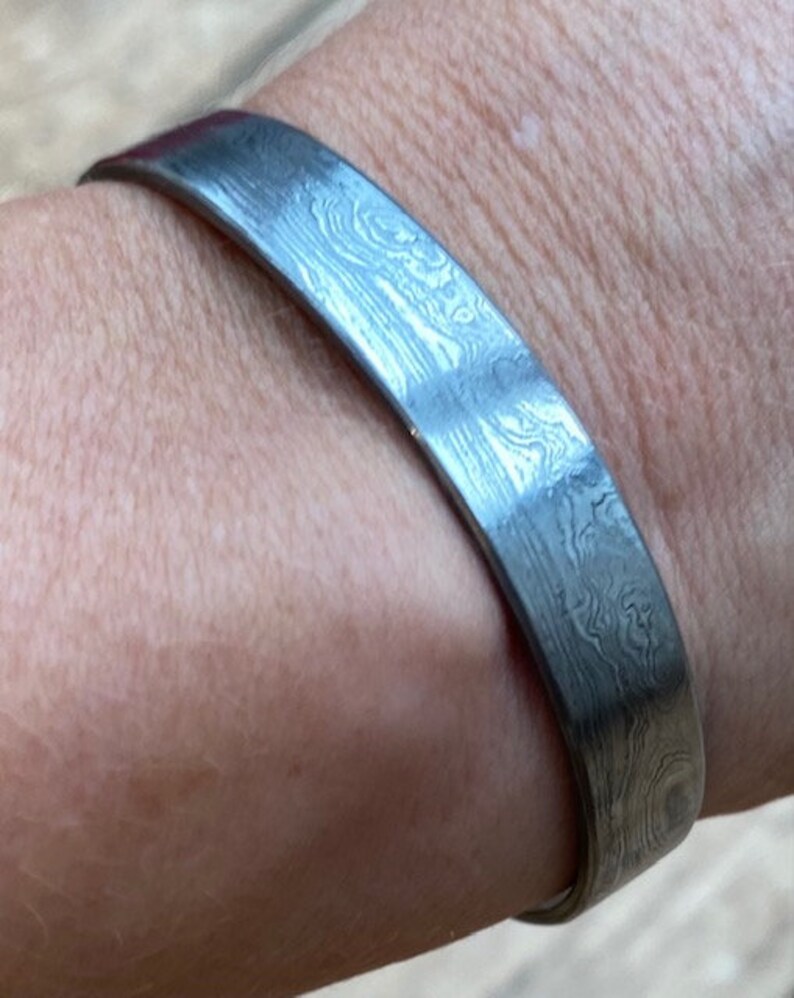 Hand forged Damascus bangle steel 8mm wide hand polished and | Etsy
