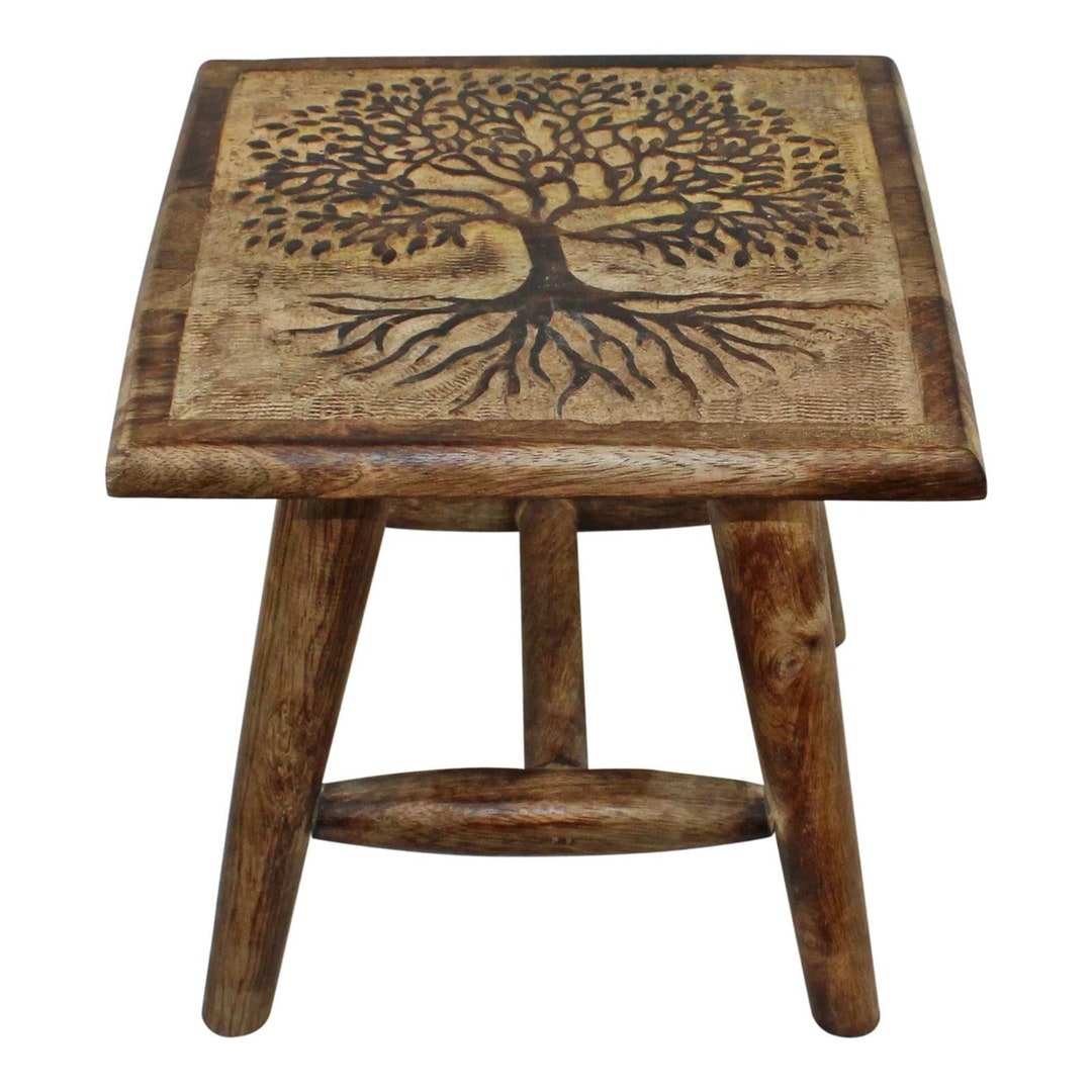 Hand Carved Small Wooden Stool With Rustic Tree Design 25cm, Miniature ...