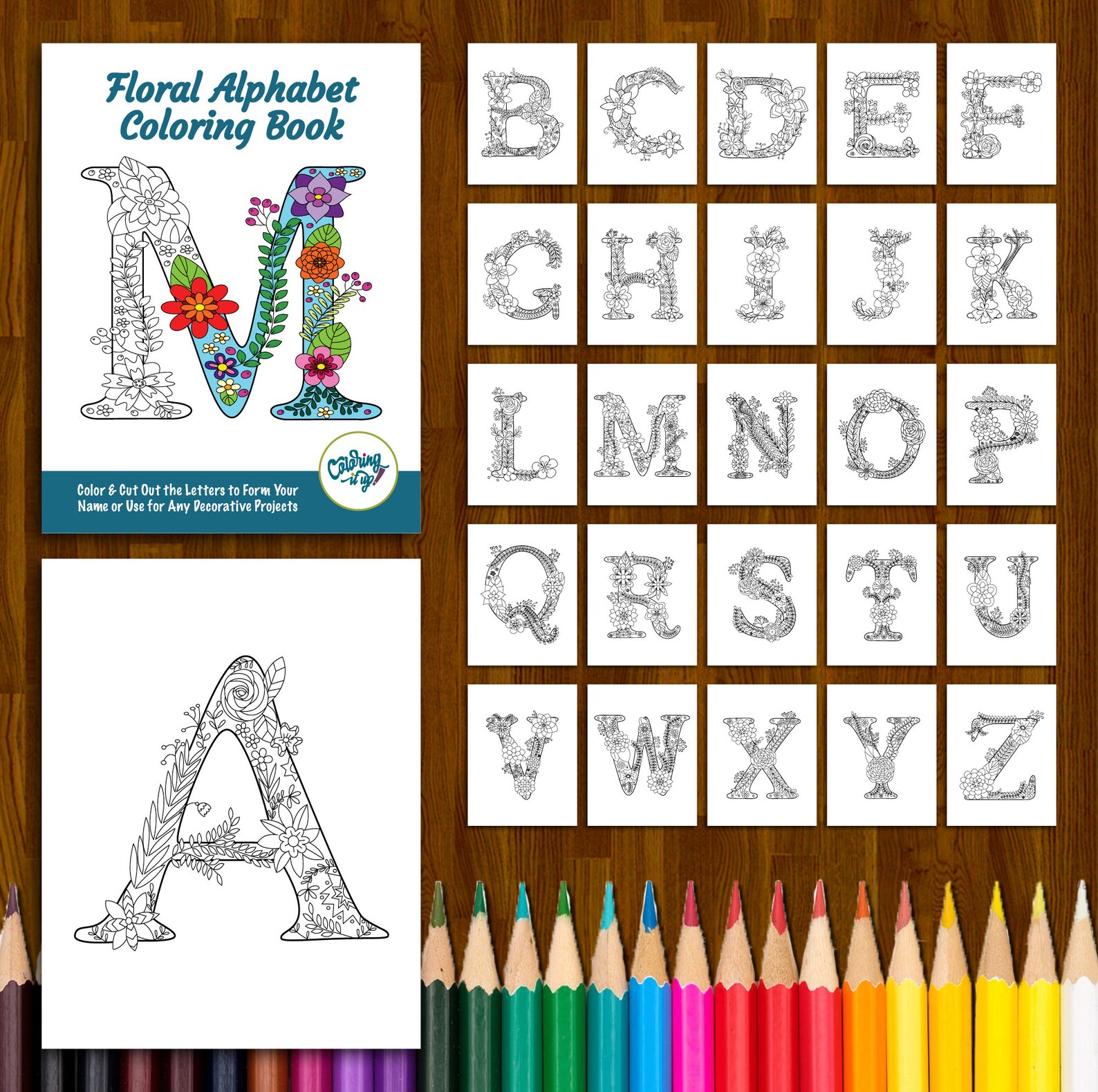 Flower Alphabet Coloring Book Printable Coloring Pages Adult Coloring ...