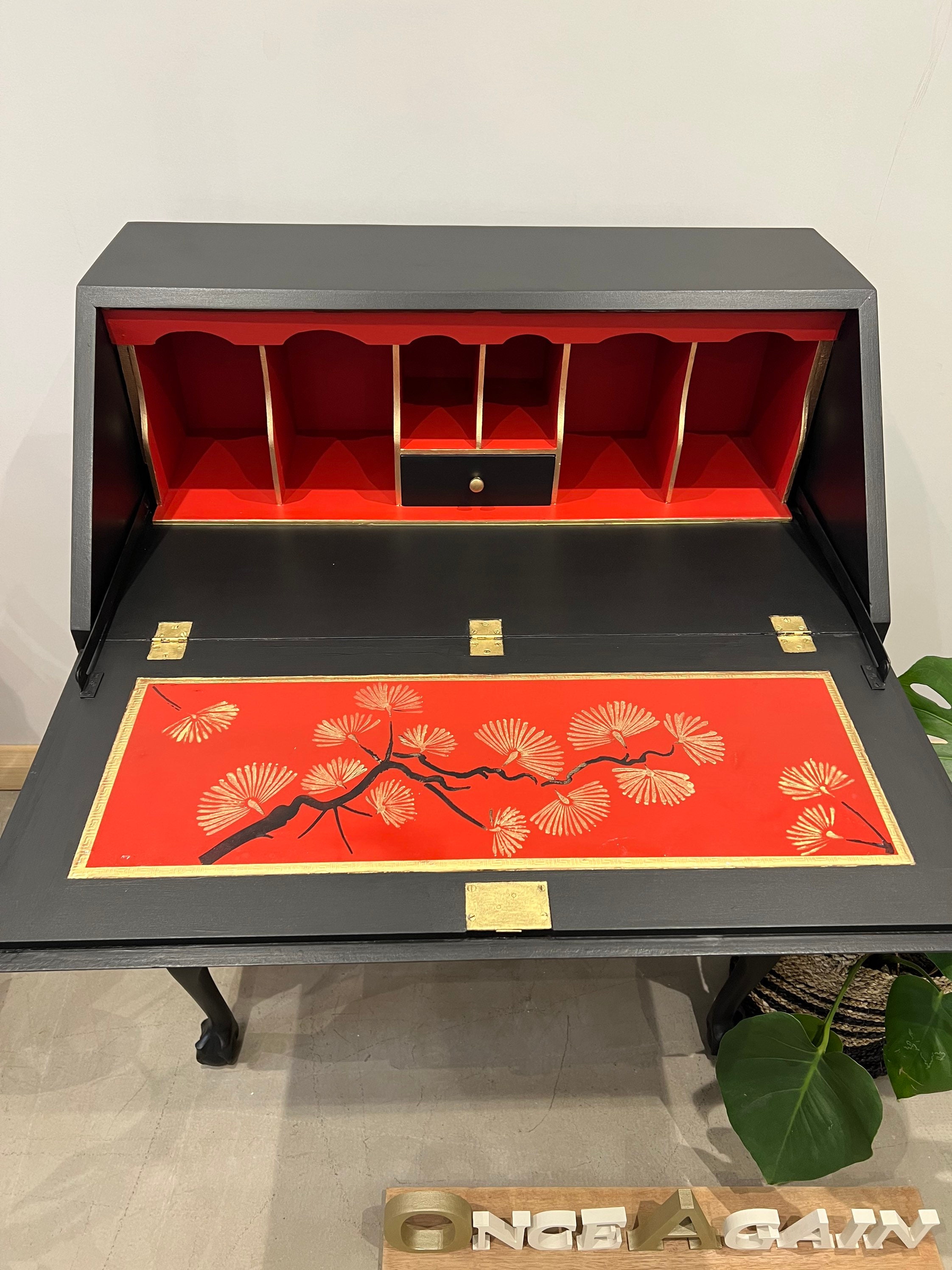 SOLD Writing Bureau Desk in Red Black & Gold - Etsy