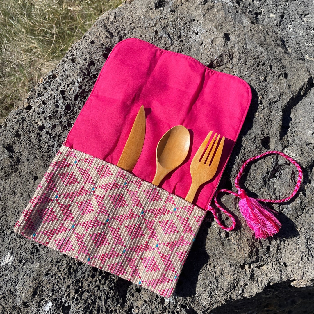 Handwoven Eco-friendly Pink Utensil Wrap, Artisan Cutlery Holder, Paint ...