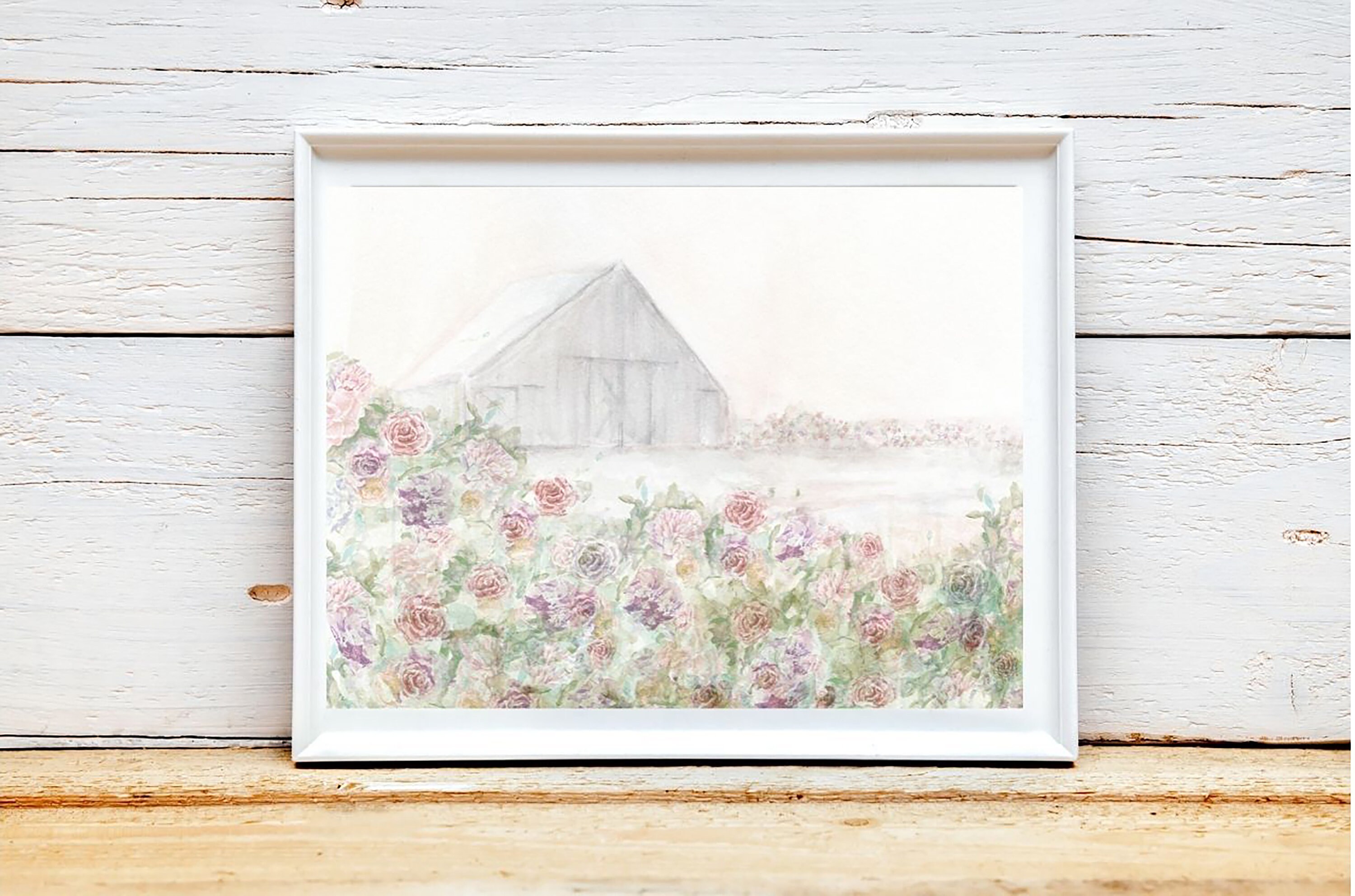 Original Pale Pastel Barn Landscape Painting, Small Dusty Pink and ...