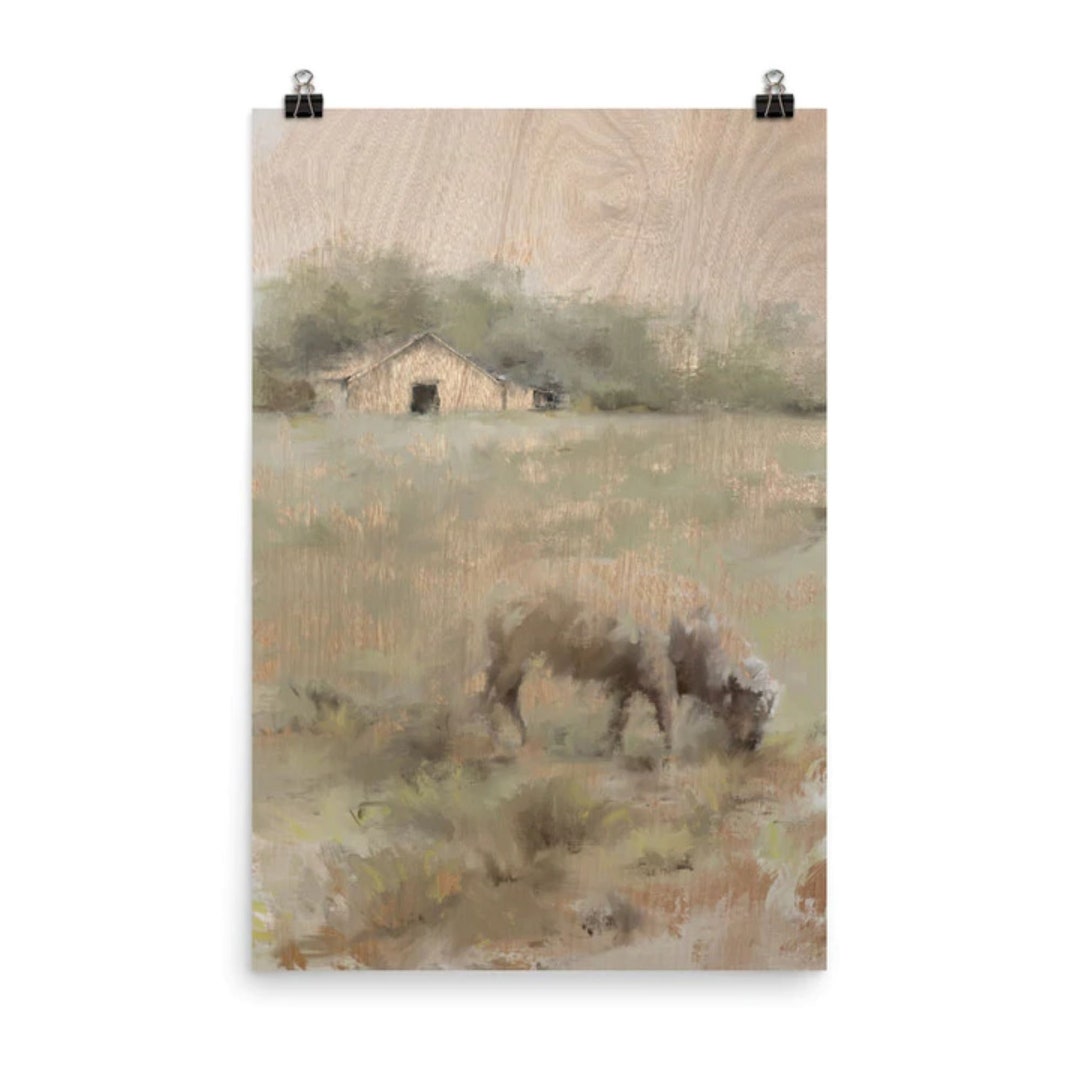 Pasture Painting Print, Farm Field With Cow and Barn Download ...